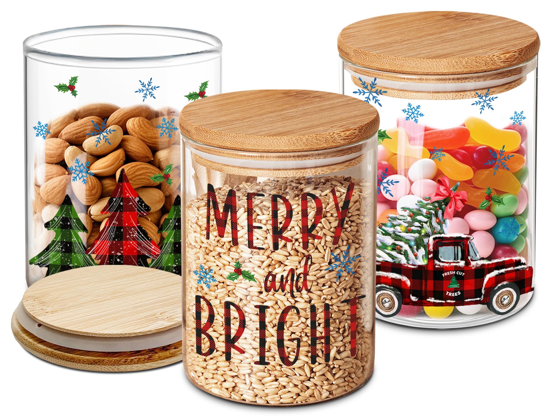 3-Pack Buffalo Plaid Christmas Canister Sets with Airtight Lids - Kitchen Counter Decor Gifts