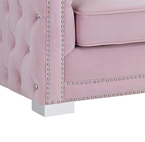 Iconic Home Christophe Sofa Velvet Upholstered Button Tufted Nailhead Trim Shelter Arm Design Silver Tone Metal Block Legs Modern Transitional, Pink
