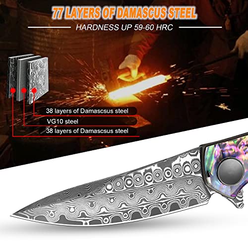 AUBEY Damascus Pocket Knife for Men Women, 3.23 inch Blade of EDC Hunting Knives with Abalone Shell Handle, Ball Bearing, Liner Lock - Sharp Damascus Steel Knife with Clip, Gift for Camping