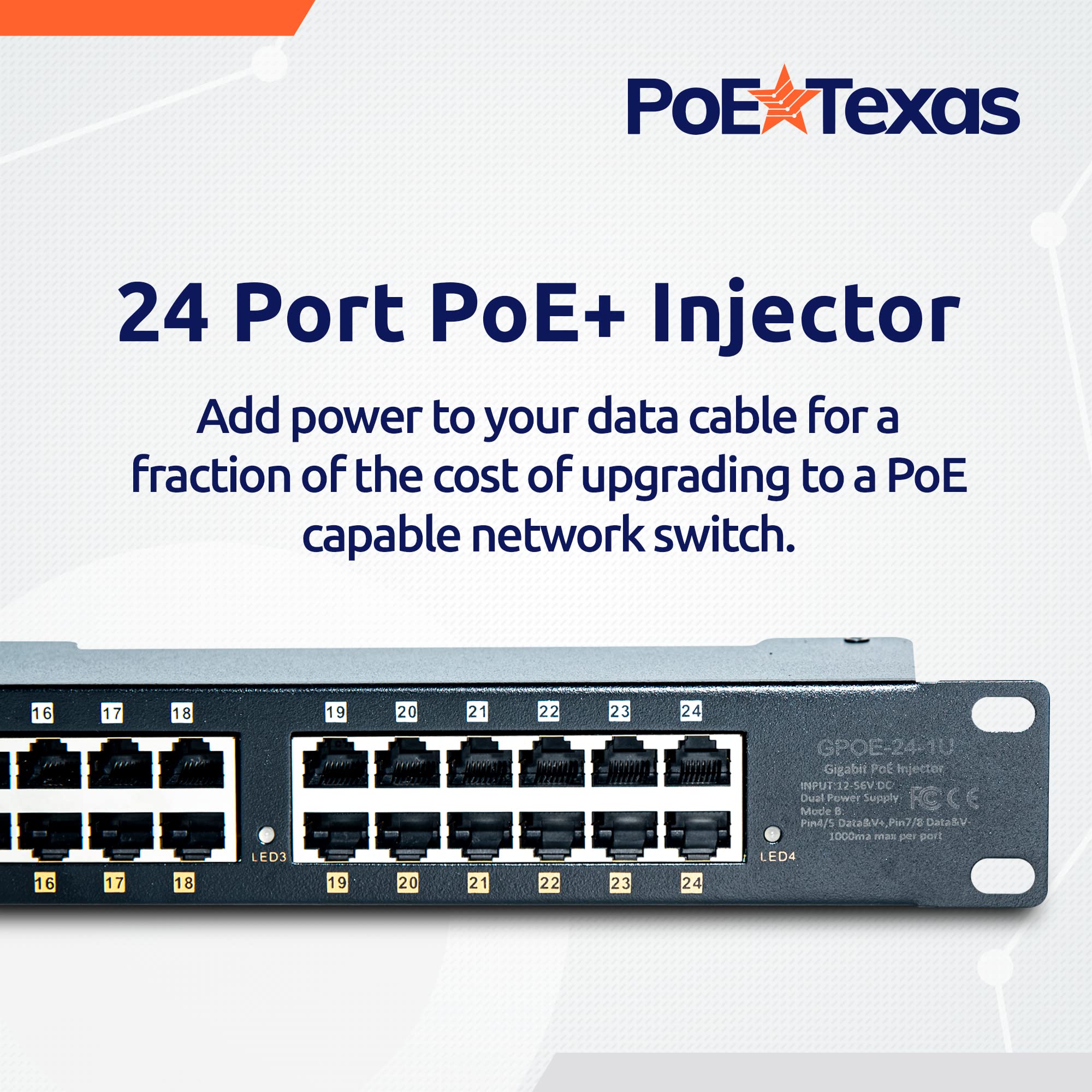 PoE Texas 24 Multi Port PoE+ Injector with 48v 240w Power Supplies - 10/100/1000 Gigabit Passive Power Over Ethernet Means Versatility - 30W PoE Injector for WiFi Access Point, PTZ Camera, IP Phone