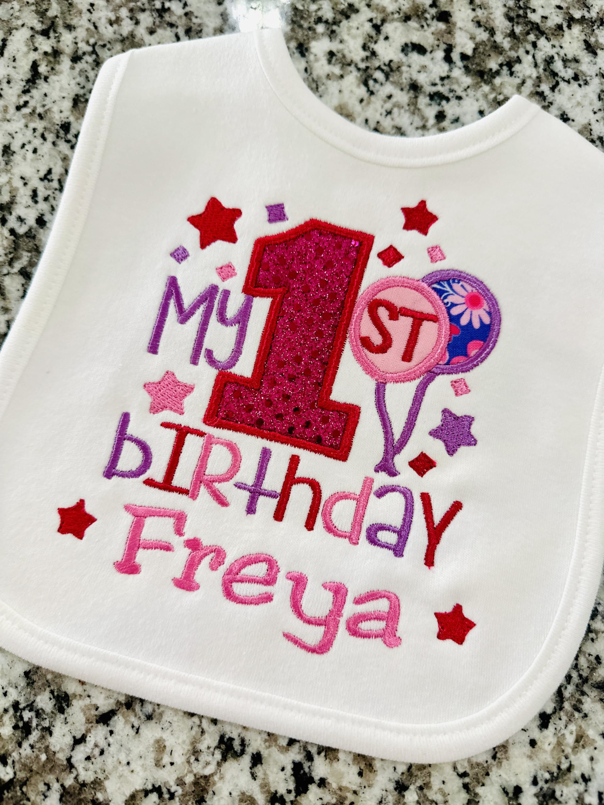 Fantasy Kids Designs First Birthday Baby Girl Bib Balloons Personalized with Custom Name (White Bib/Hot Pink)
