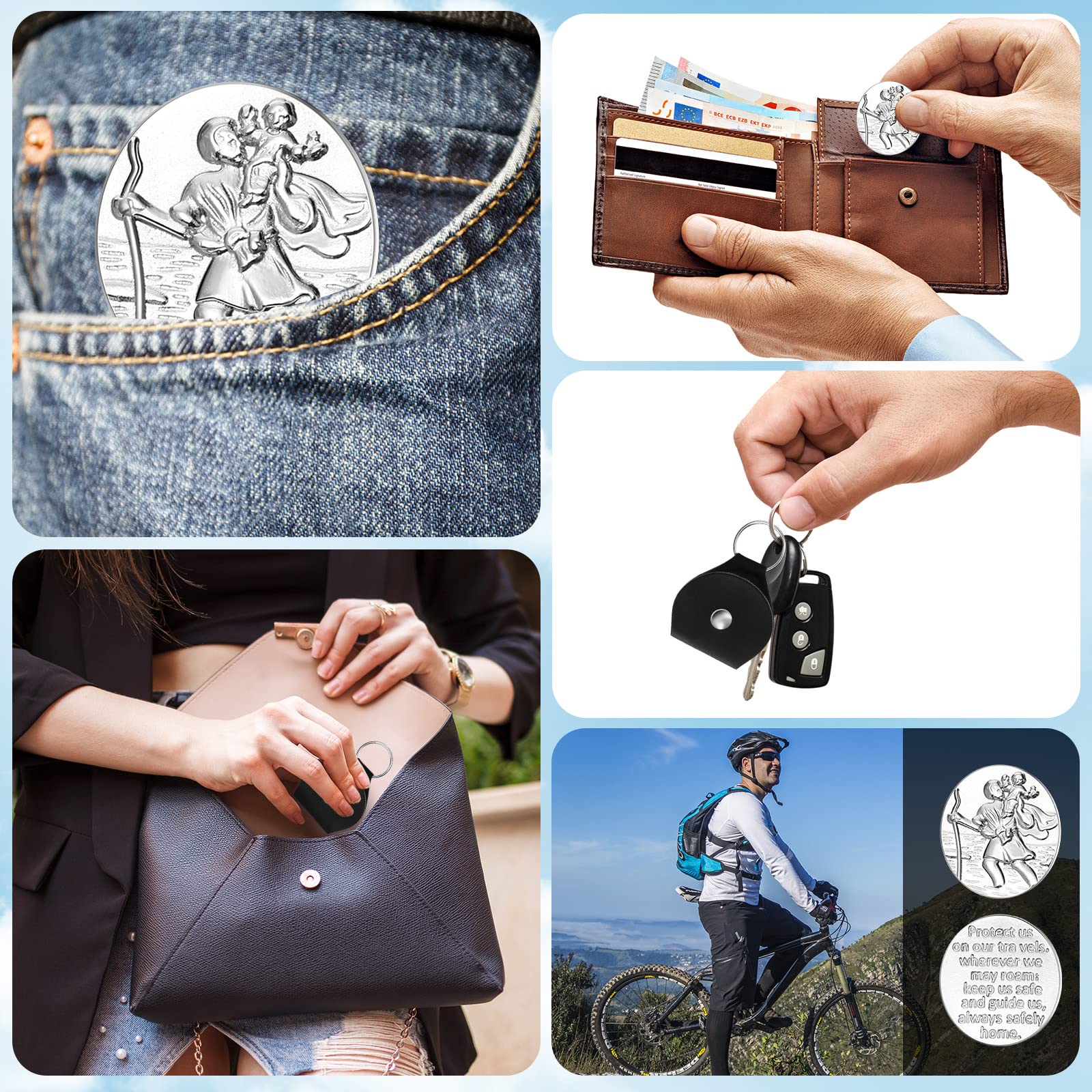 3 Pieces Saint Christopher Sign Pocket Coin Token Keepsake Travel Traveler Protection Protect Catholic Charm Silver Religious Coins with 3 Pieces Black PU Leather Key Chains for Family Friends Prayer