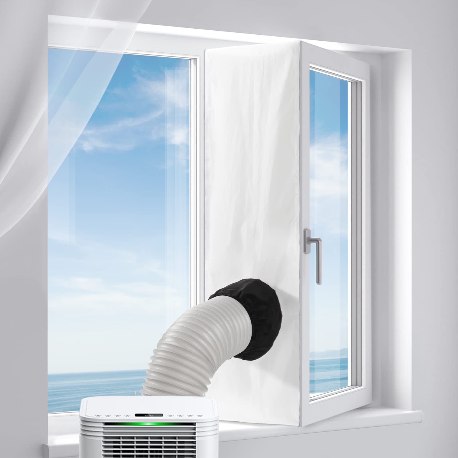 BEWAVE Portable AC Window Seal, Universal Window Seal for Portable Air Conditioner, Window Vent Kit with Shrink Rope and Adhesive Fastener for Casement Window, 118Inch/300CM