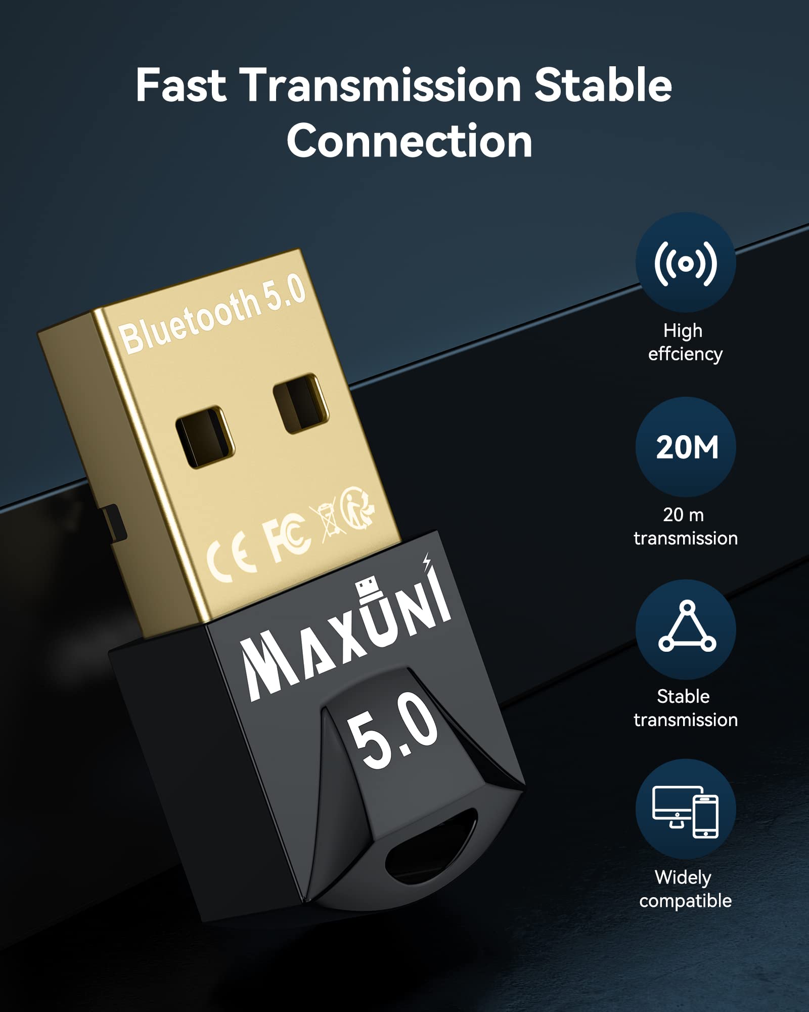 Maxuni USB Bluetooth Adapter for PC 5.0, Bluetooth Dongle 5.0 Adapter,for Laptop Keyboard Mouse Headsets Speakers, Long Range Bluetooth Supports Windows 11/10/8.1(Plug and Play)