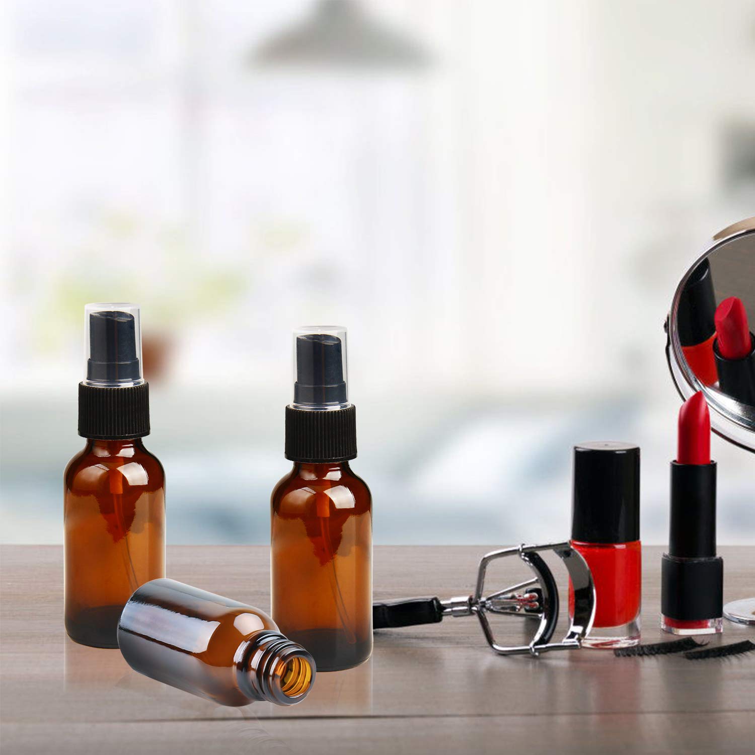 Ruckae Set of 20,1 oz Amber Glass Spray Bottles for Essential Oils, Hair, Water, Empty Small Fine Mist and Refillable Mister-With Funnel and Gold Pen,Black Fine Mist Sprayers