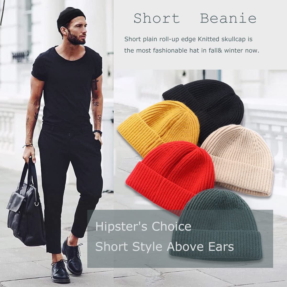 3 Pieces Short Fisherman Beanie for Men Women, Swag Wool Knit Cuff Trawler Skullcap,Winter Warm Hats