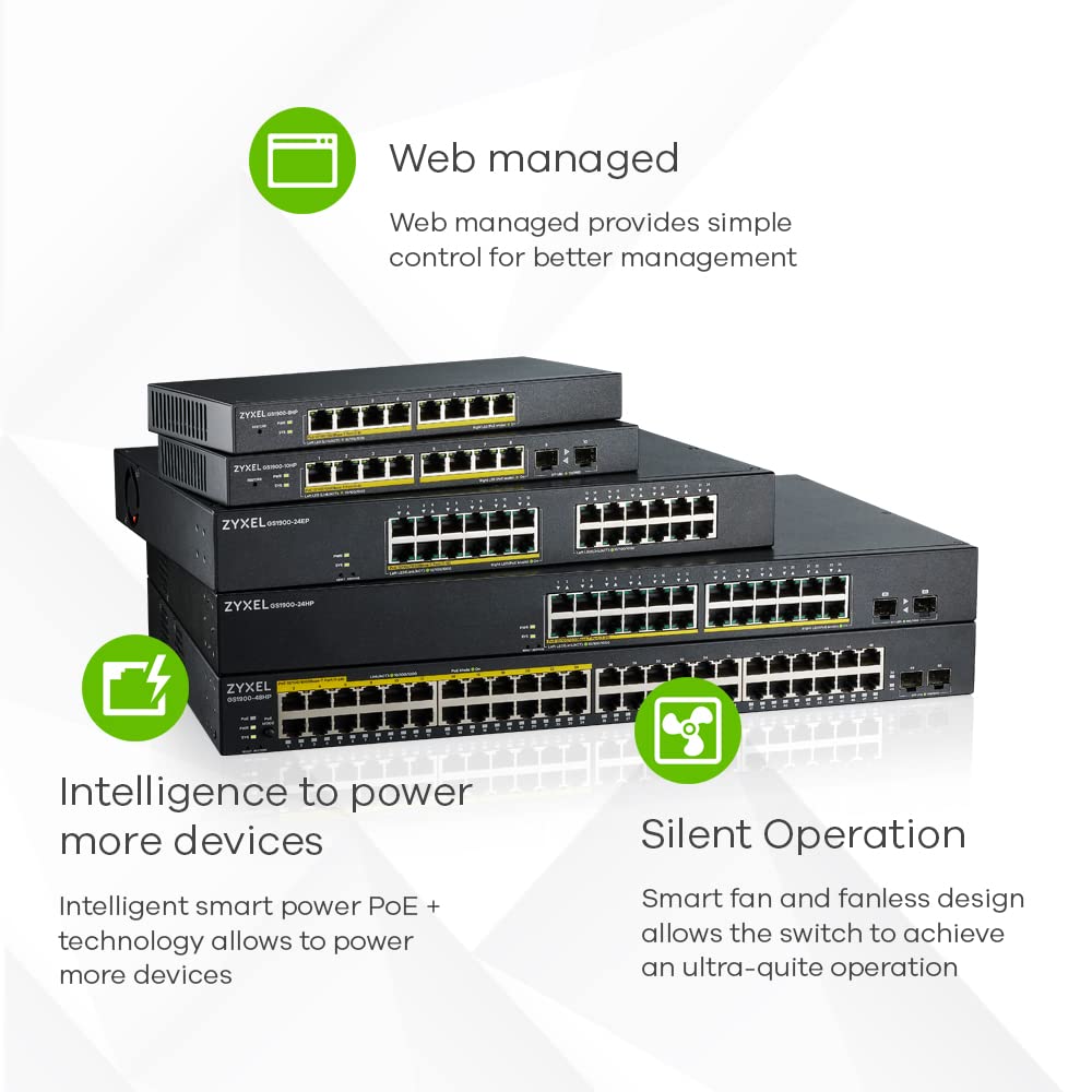ZYXEL 24 Port PoE Switch Gigabit Ethernet Smart (GS1900-24EP) - Managed, with 12x PoE+ @ 130W, Rackmount, Limited Lifetime Protection