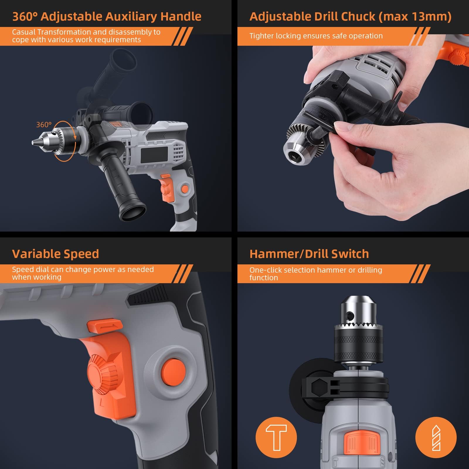 850W Electric Impact Drill, 7-Amp Hammer Drill, 1/2-Inch Electric Hammer Drill with 3000RPM, Variable Speed, 10 Drill Bits, for Concrete Floors, Walls, Bricks, Stone