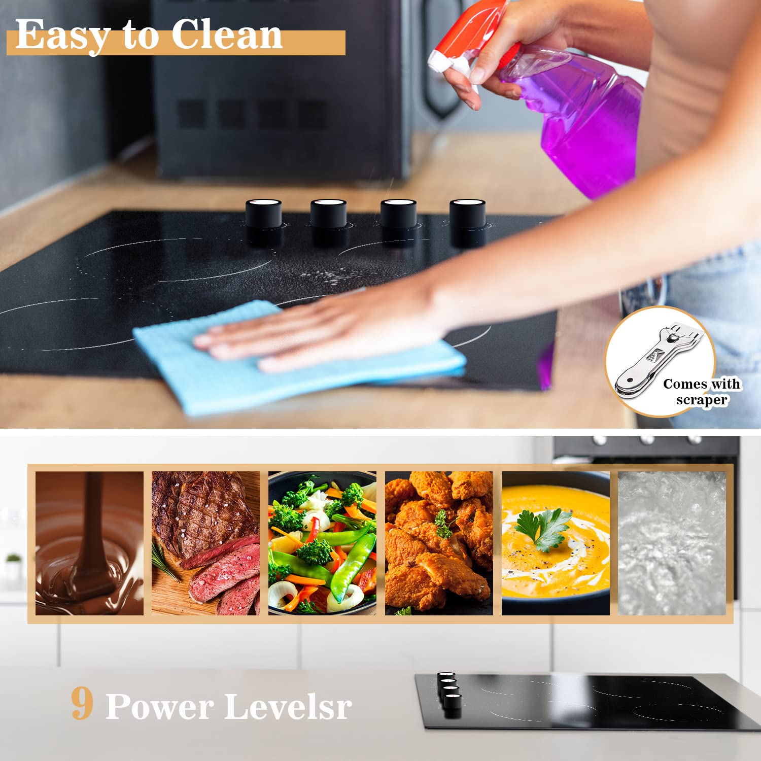 24 Inch Electric Cooktop Hobsir 4 Burners Built-in Radiant Electric Stove, 9 Heating Level, Residual Heat Indicator, Over-Temperature Protection, 220V-240V Hard Wire (No Plug)