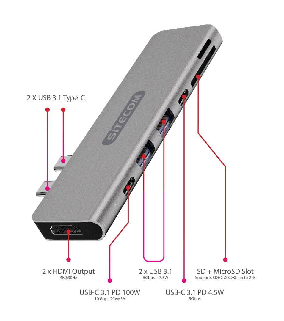 Sitecom CN-391 Dual USB-C Multiport Adapter for MacBook Pro - 2X USB-C to 1x HDMI + 2X USB 3.1 + USB-C 3.1 + UBS-C 3.1 Power Delivery