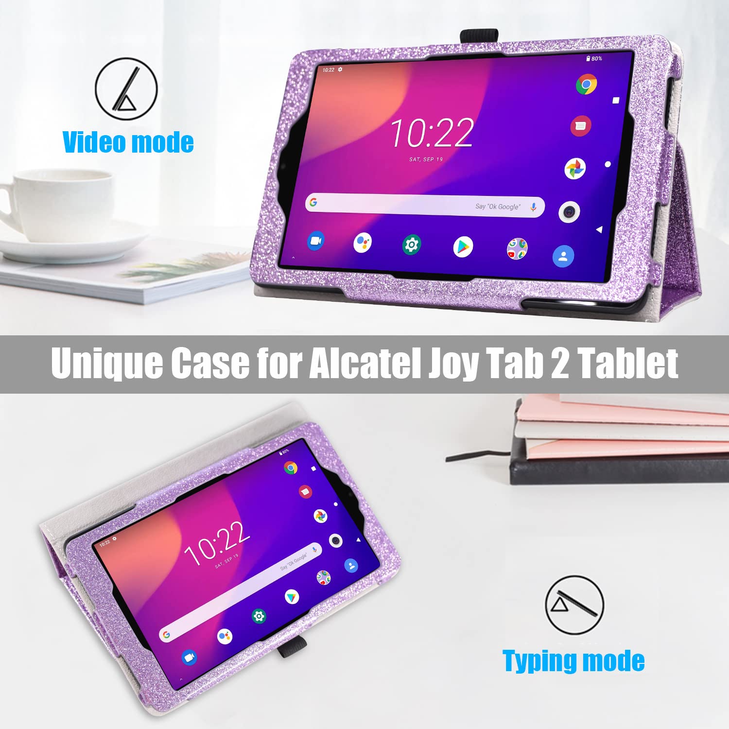 DMLuna Case for Metro by T-Mobile Alcatel Joy Tab 2, 8 Inch Tablet 2020 Release, PU Leather Shockproof Folio Cover Protector Accessory with Handle Hand Strap, Stand, Card Slot, Glitter Purple