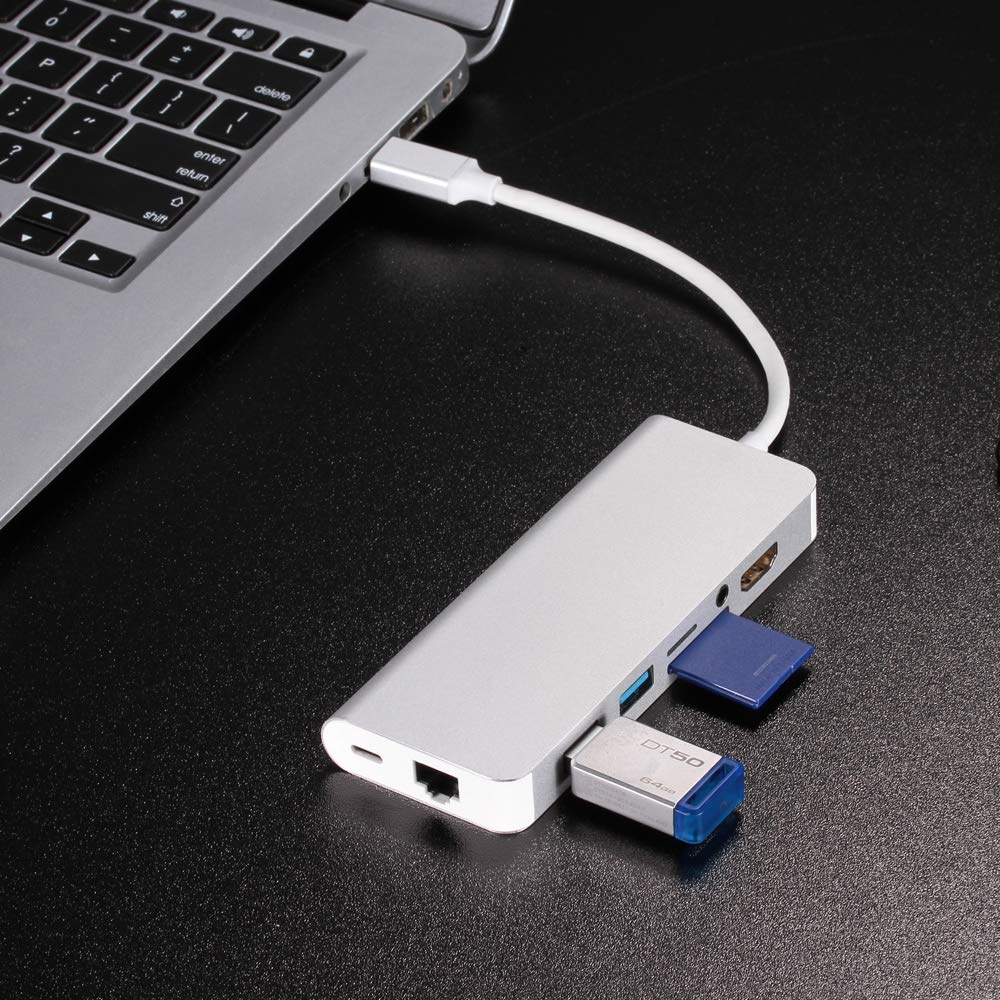 USB Hub Portable USB Hub Type-c Turn hdmi Gigabit Network Card Multi-Function Converter HDMI+RJ45+PD+Audio+USB3.02+SD+TF Eight-in-one Expansion Dock Multi-Function HUB(Silver Gray)