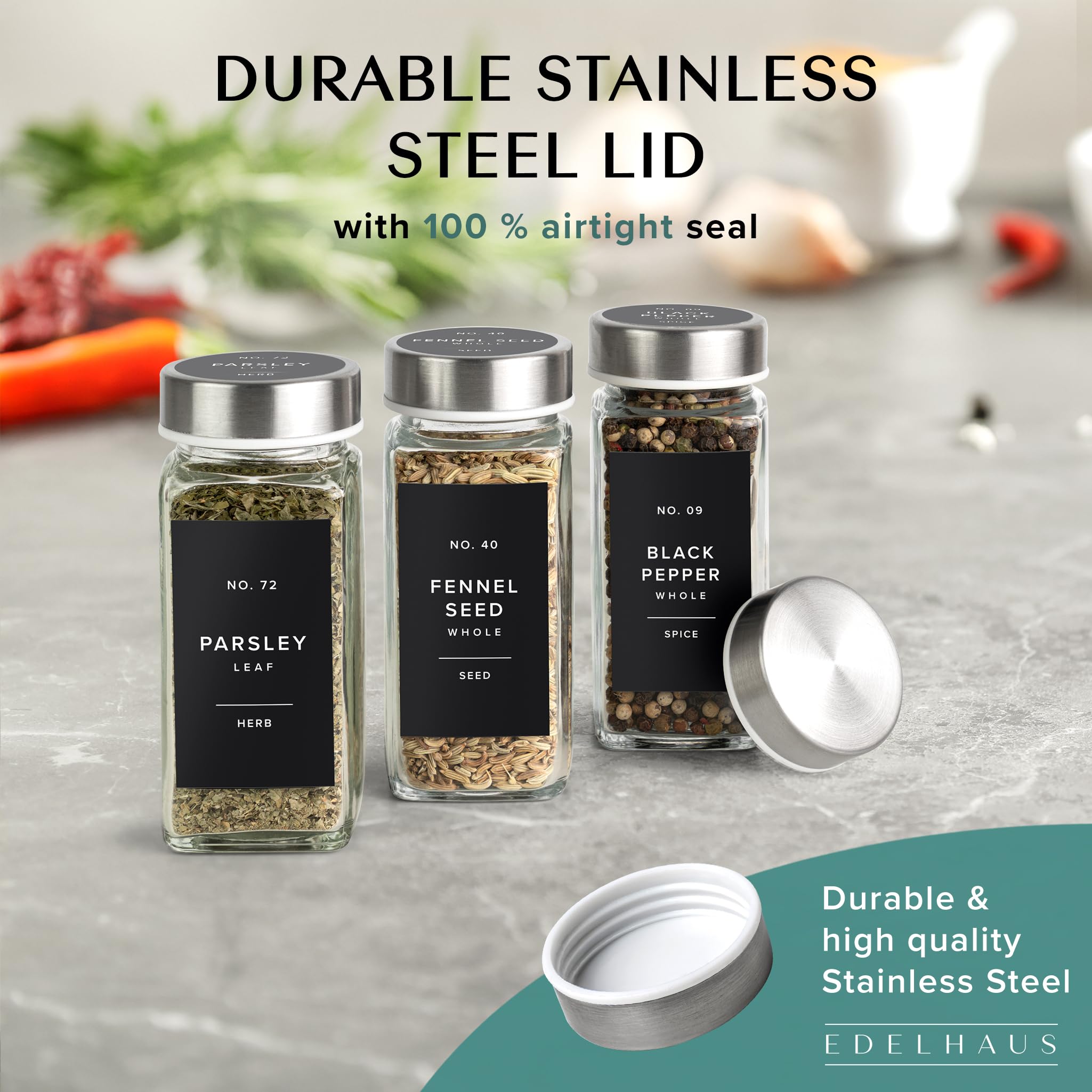 EDELHAUS Glass Spice Jars with Label and Stainless Steel Lids (24 x 4oz) Spice Containers with 240 Labels, Shaker Inserts, Steel Funnel, Empty Square Empty (Stainless steel Lid)