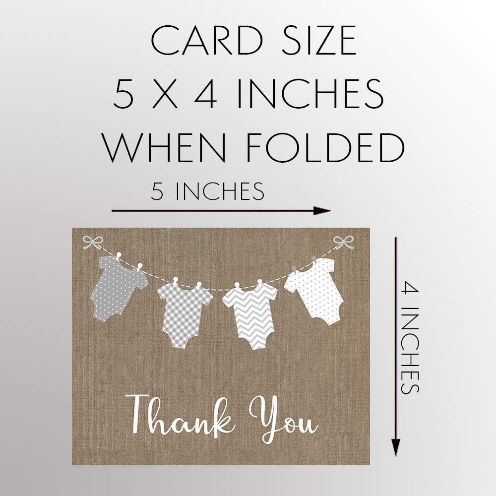 The Invite Lady Baby Shower Thank You Cards Burlap Sprinkle Jumpers Lovely Laundry Clothes Line Bodysuits Bow Tie Gender Neutral White Grey Gray Unisex (24 count)