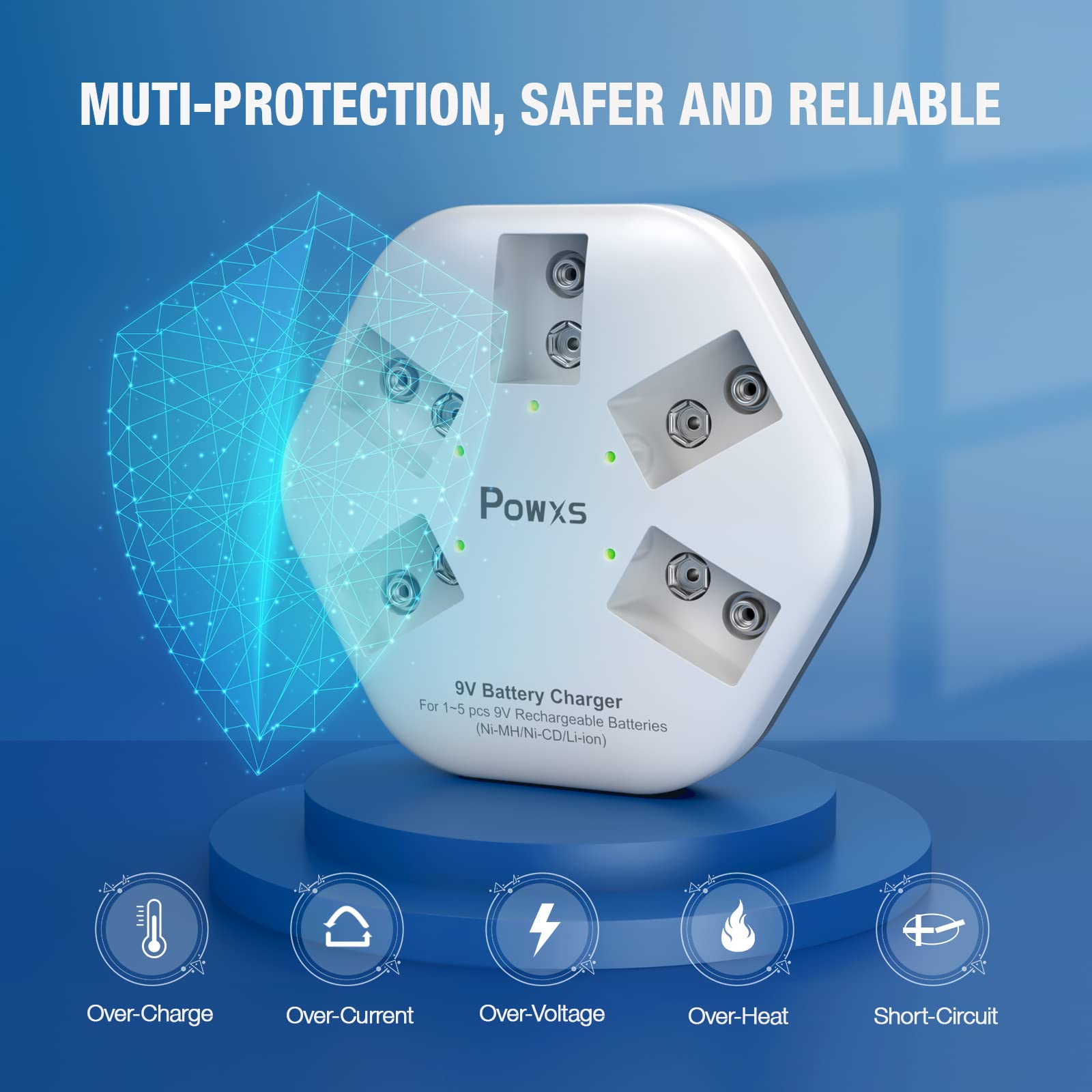 POWXS 9V Rechargeable Battereis Charger and 5 Pack 280mAh 9 Volt Ni-MH Rechargeable Batteries for Smoke Alarms, Guitar, Cameras, Toys & More