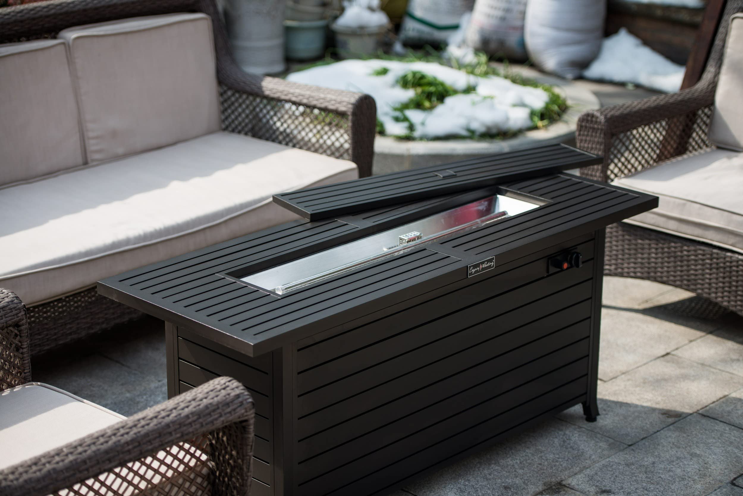 57-inch Rectangular Outdoor Gas Propane Fire Pit Table Aluminum 50000 BTU Fireplace Dining Table with Lid Fire Glass ETL Certified for Garden Backyard Deck Patio - Mocha