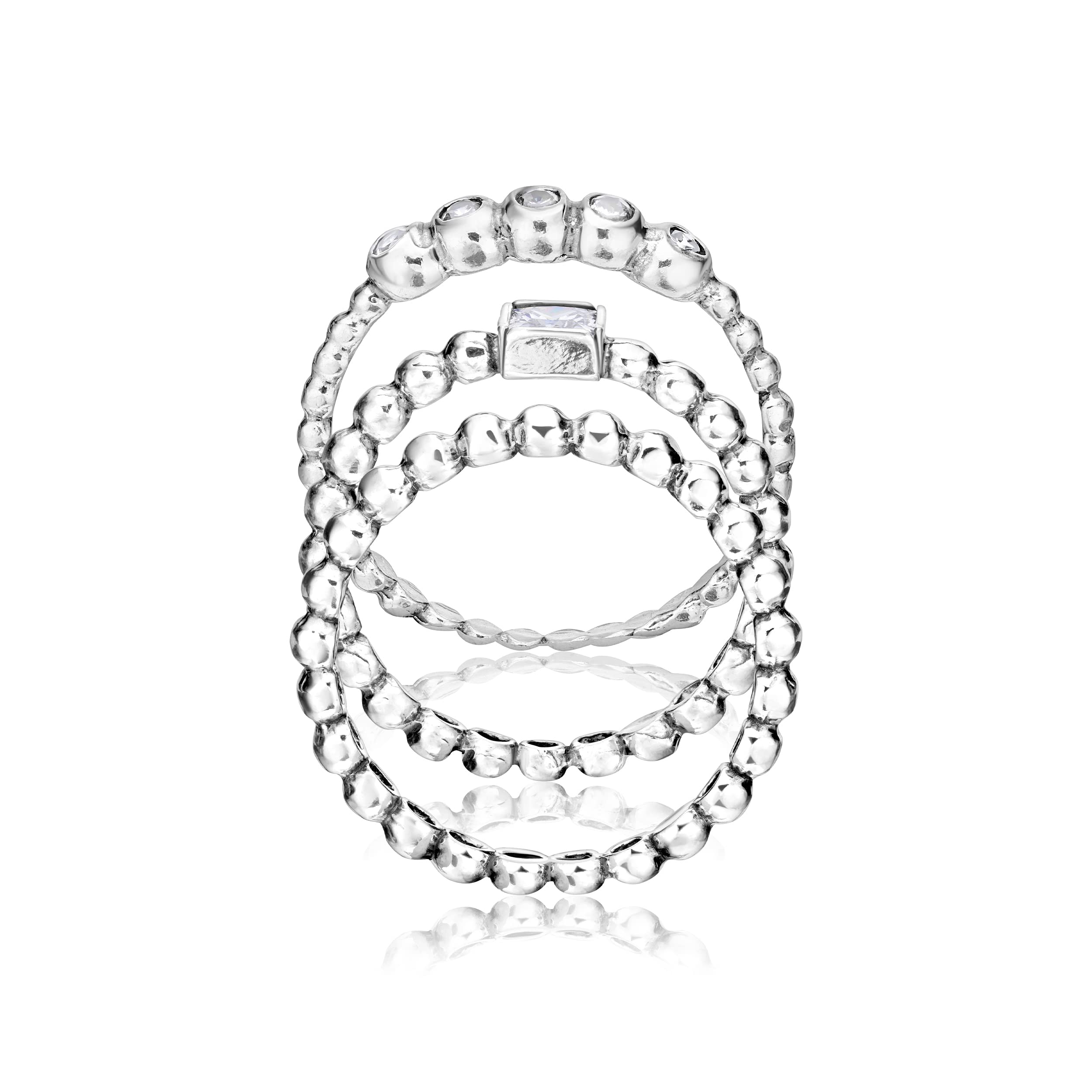 925 Sterling Silver Stack Ring With 1 White Square 5 White Round Cubic Zirconia 3-Set Rings Stackable Hypoallergenic Nickel and Lead-free Artisan Handcrafted Designer collection, Made In Israel