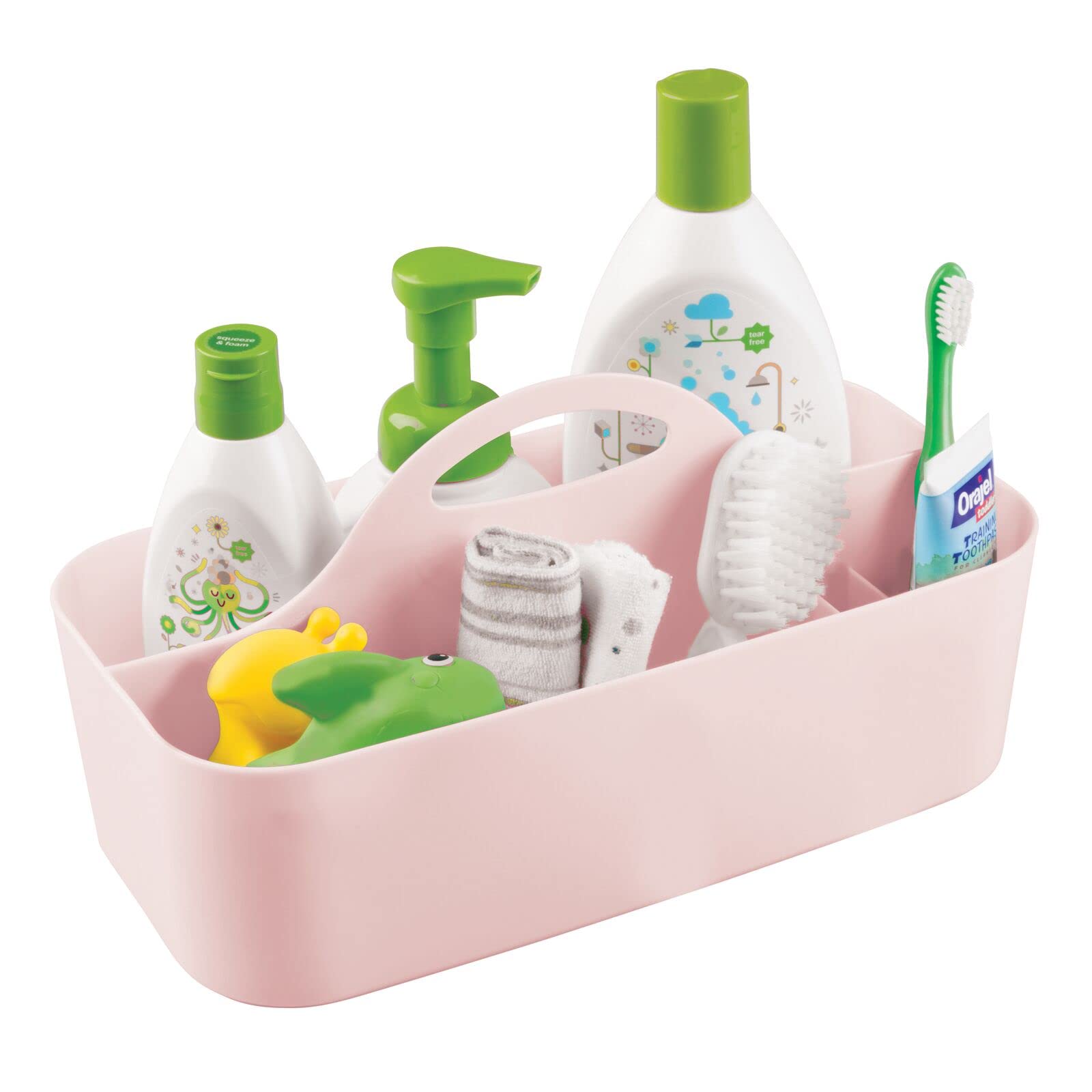 mDesign Plastic Portable Nursery Storage Organizer Caddy Tote - Divided Basket Bin with Handle - Holds Bottles, Spoons, Bibs, Pacifiers, Diapers, Wipes, Baby Lotion - Lumiere Collection - Light Pink