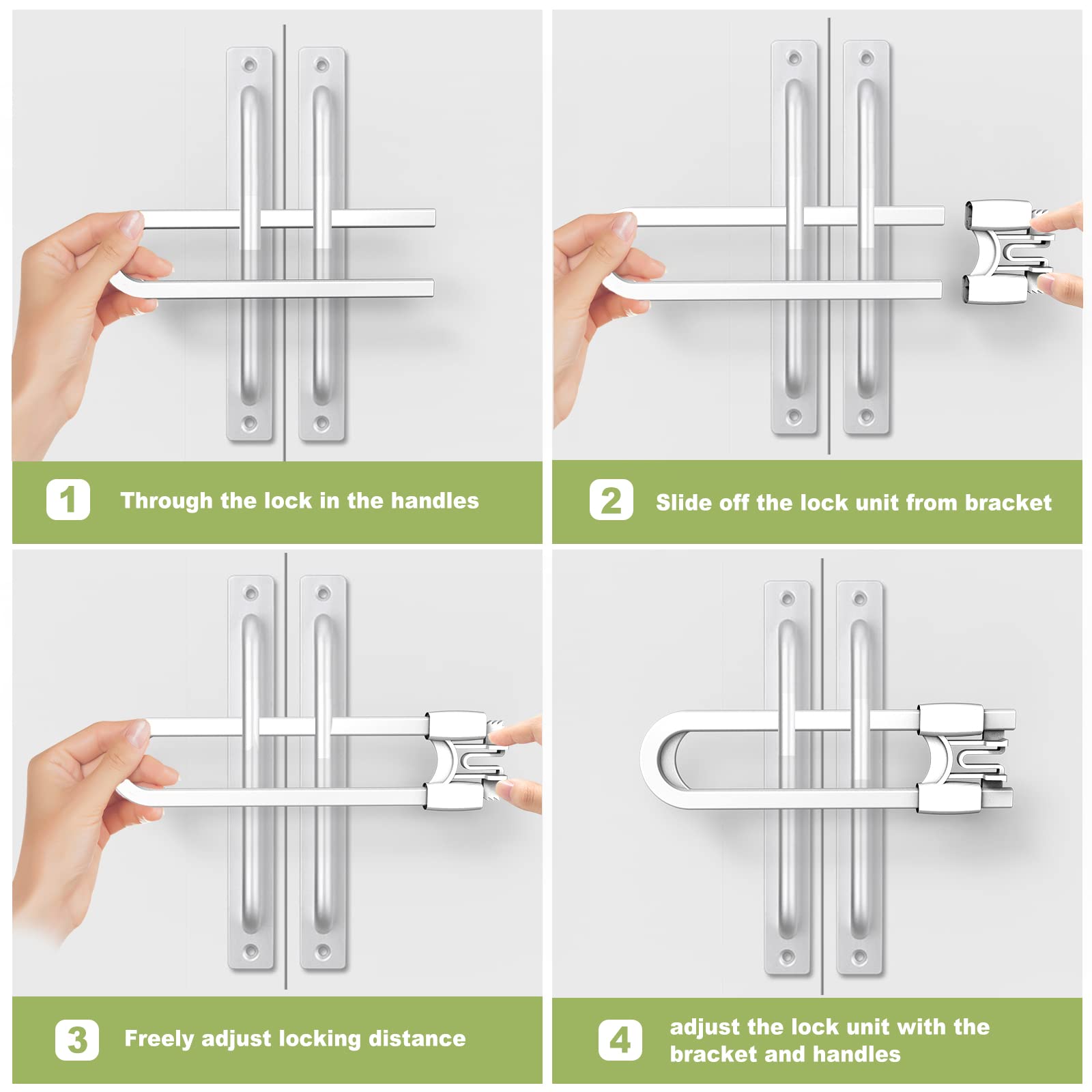 4 Pack Adjustable U-Shaped Sliding Cabinet Locks for Babies - Childproof Latches for Cabinets - Easy to Use Baby Proofing Locks (White)
