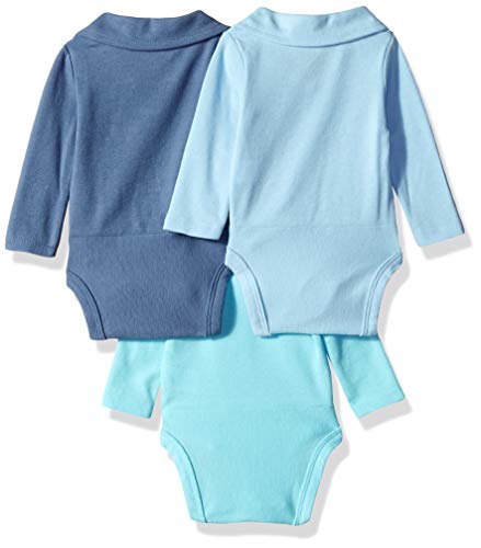 Hanes Ultimate Baby Flexy 3 Pack Long Sleeve Polo Bodysuits, Blues, 0-6 Months