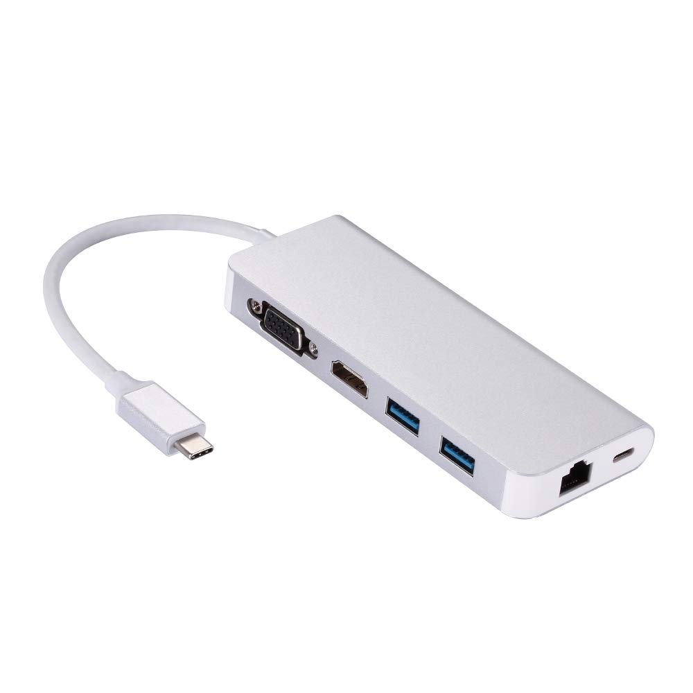 USB Hub Portable USB Hub USB 3.0 Hubs 6 in 1 Type C Hub Type-C to HDMI VGA RJ45 Dual USB3.0 PD Charging Port Adapter Cable Converter for Laptop MacBook(Silver) (Color : Silver)