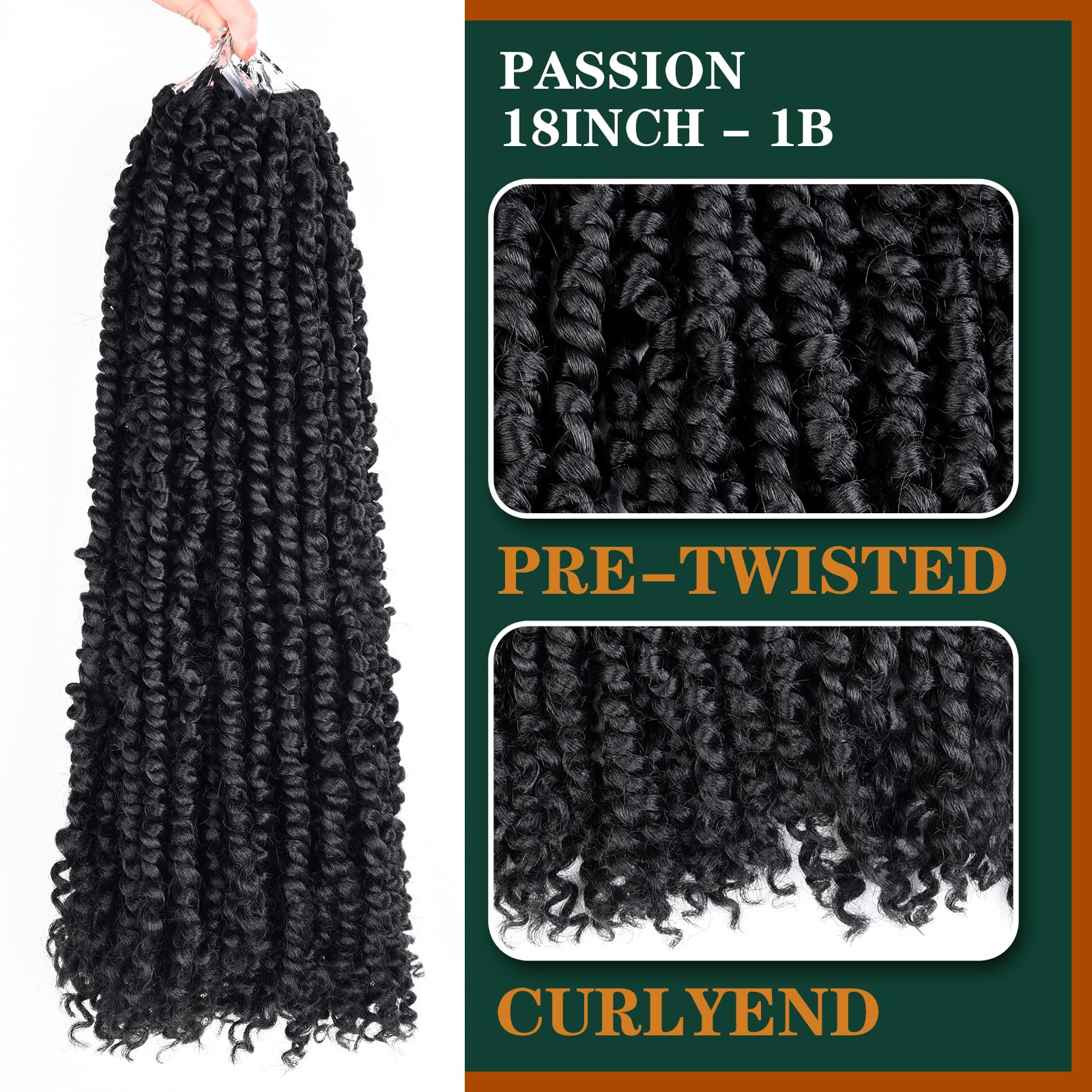 Silike Passion Twist Crochet Hair 18inch 6packs Pre-Twisted Synthetic Long Curly 12 Roots Braiding Hair Extensions For Women (18 inch, 1B)