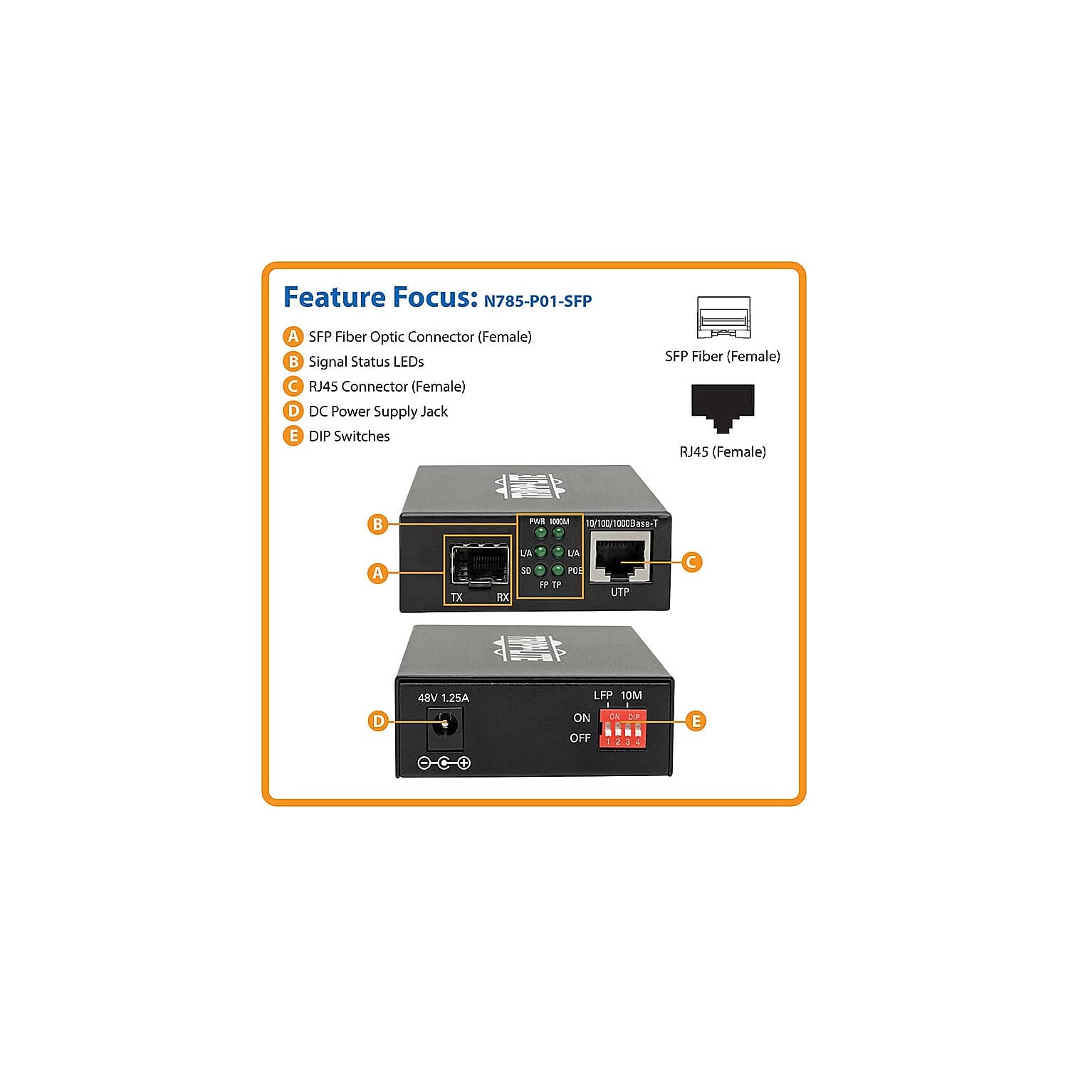 Tripp Lite Cusotomizable SFP Fiber Media Converter, Fiber to Ethernet Converter, Gigabit, POE+, 10/100/1000 (N785-P01-SFP)