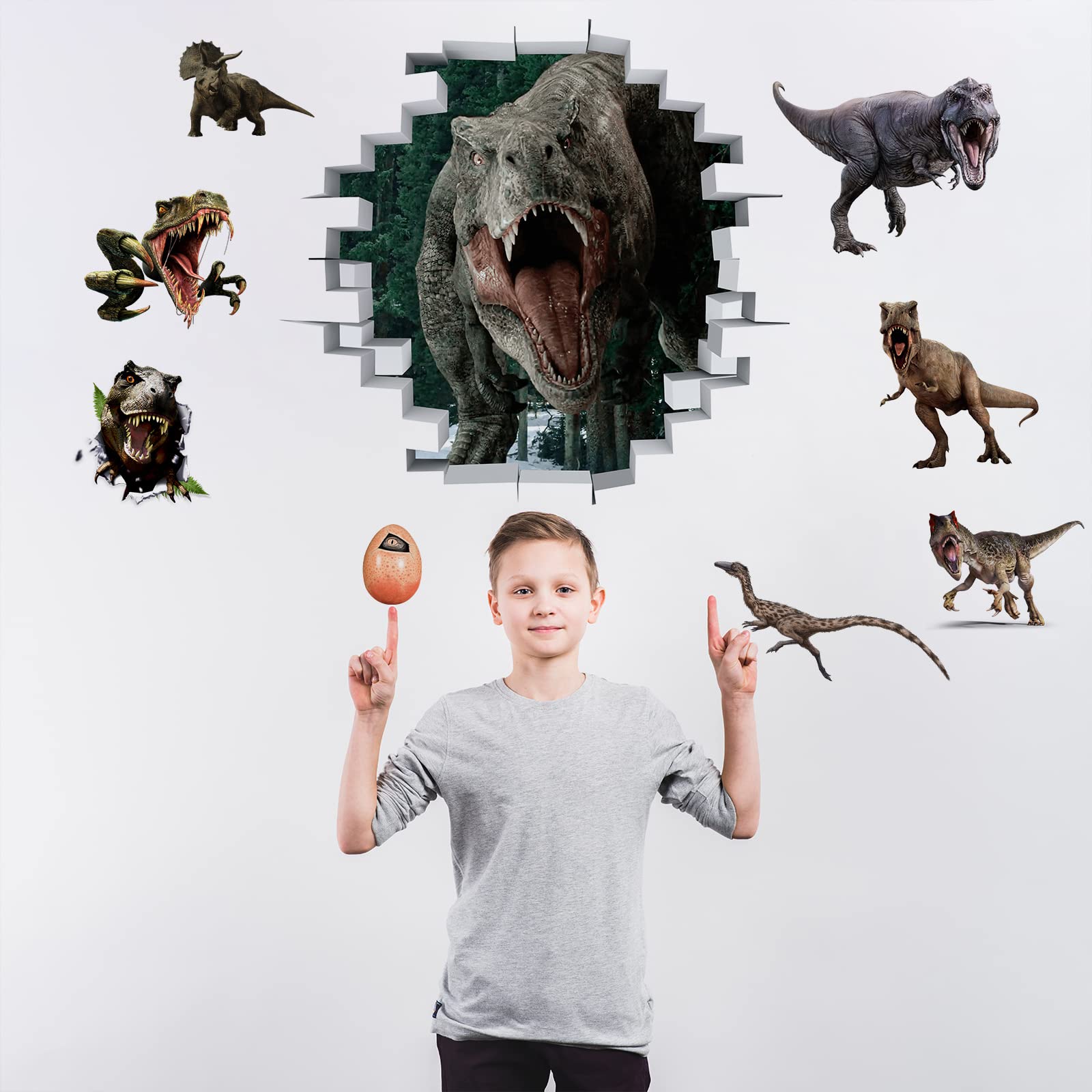 9Pcs Peel Stick Dinosaur Wall Decals,3D Dinosaur breaked Wall Stickers Removable Vinyl Large Dino Stickers for Kids Boys Room (Gold)