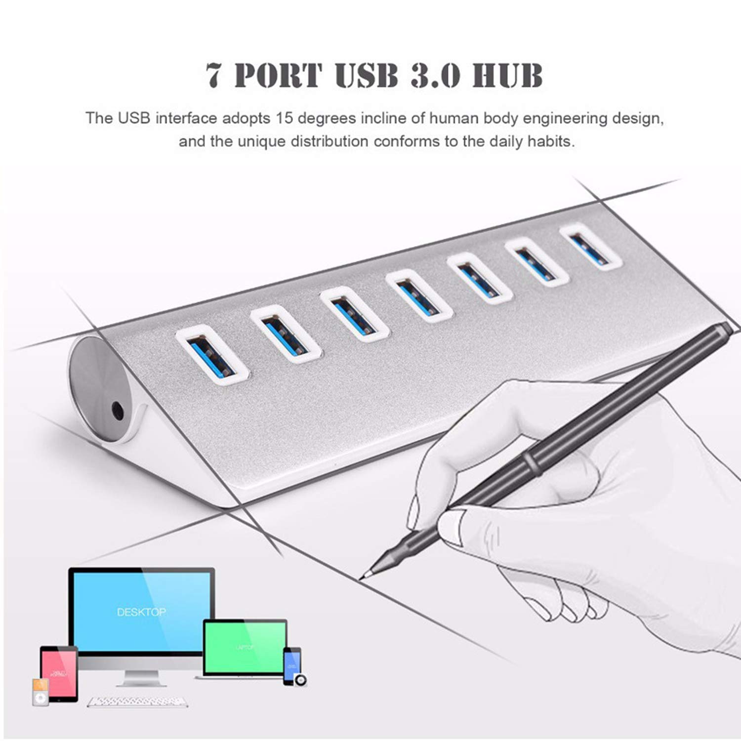 USB Hub, 7-Port Charging Interface Expansion, USB 3.0 High-Speed Data Transmission, for Desktop/Laptop Computers… (Silver)