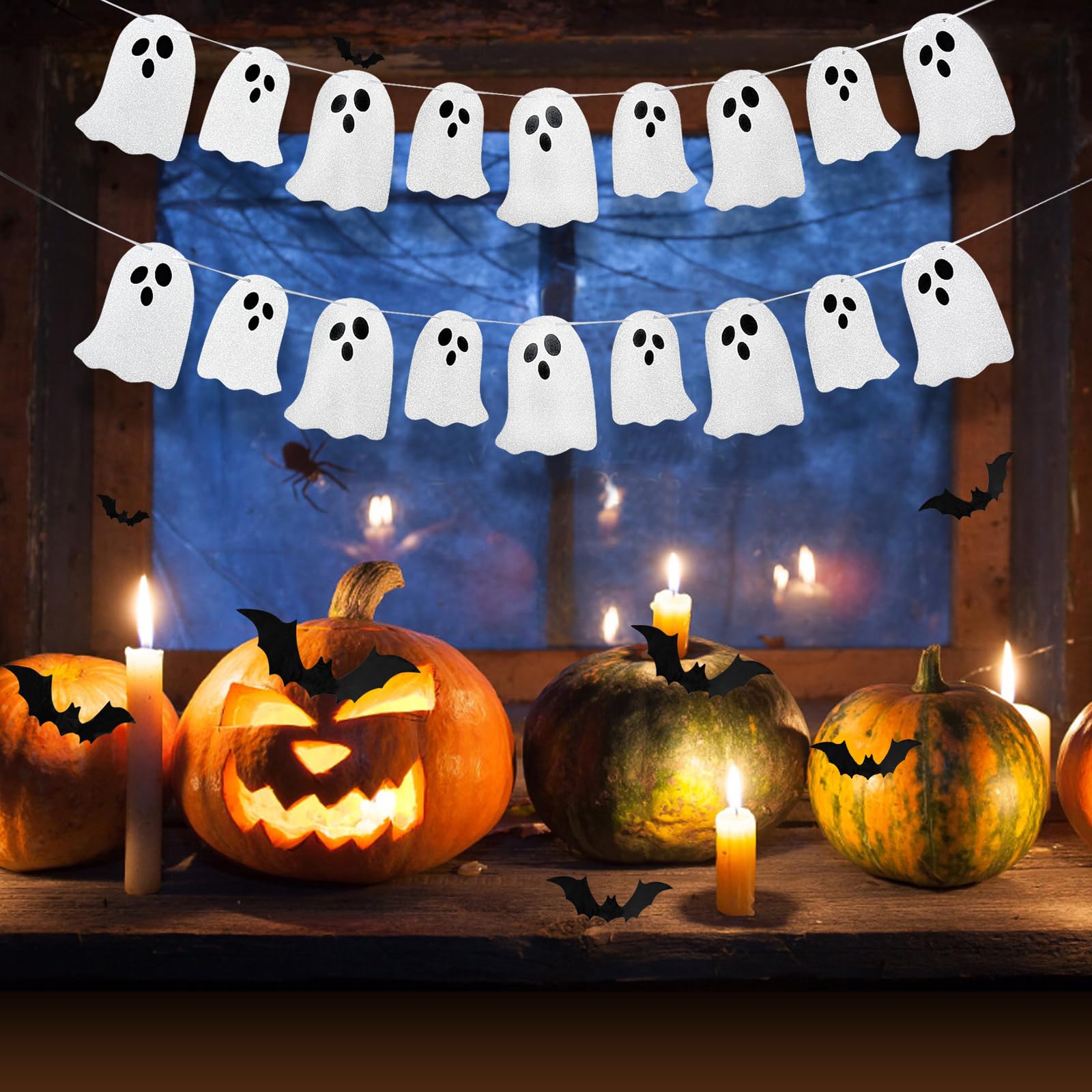 2pack Glittery Halloween Ghost Banner with 24pcs 3D Scary Bat Stickers for Halloween Decoration Haunted Houses Doorways Indoor Outdoor Mantel Wall Decor