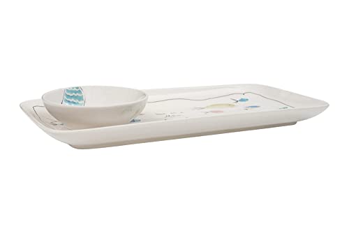 Creative Co-Op Coastal Rectangle Stoneware Platter with Dish, Mermaid, and Sea life Illustrations, Multicolor