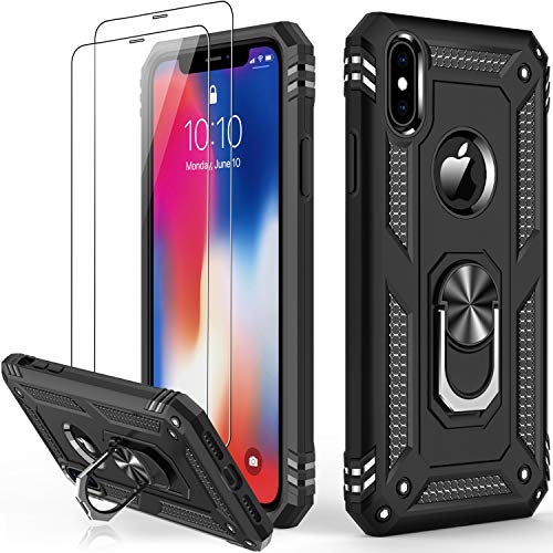LUMARKE iPhone Xs Max Case with Tempered Glass Screen Protector,iPhone Xs Max Cover Military Grade 16ft. Drop Tested Cover with Magnetic Ring Kickstand Protective Phone Case for iPhone Xs Max Black