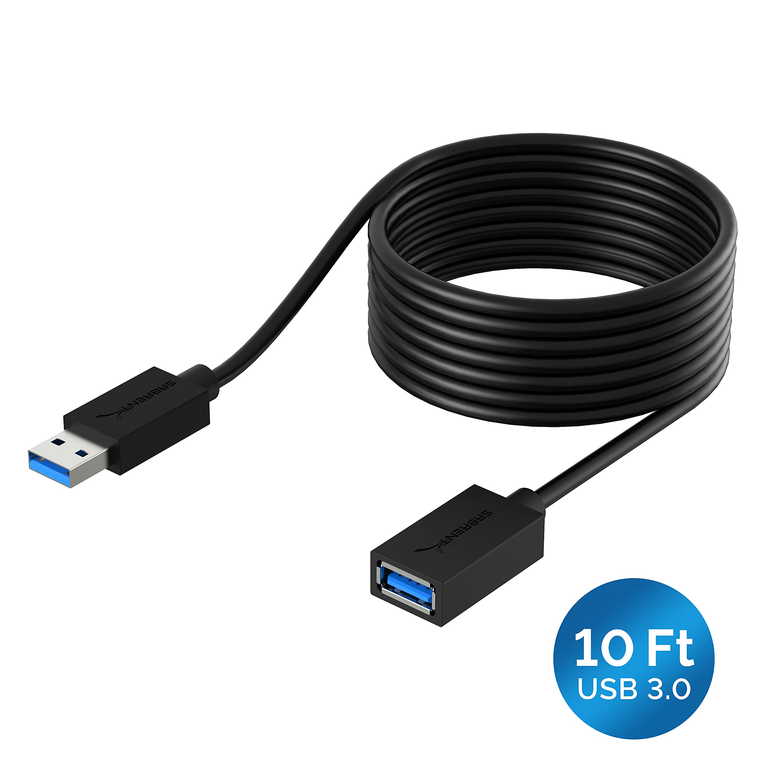 SABRENT 10 Ft 22AWG USB 3.0 Extension Cable - A-Male to A-Female in Black + 4-Port USB 3.0 Hub