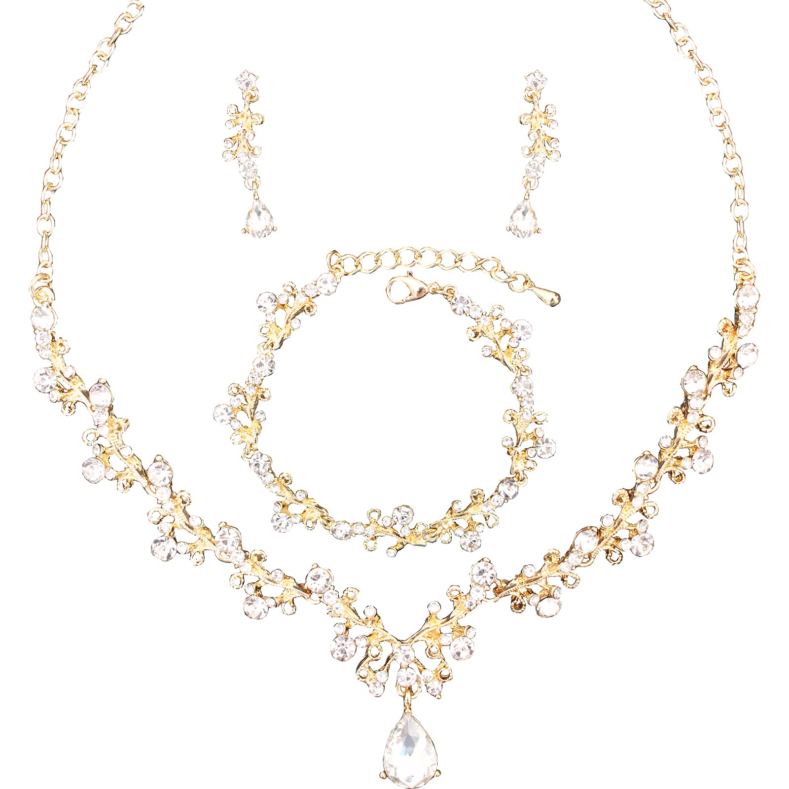 3Pcs Austrian Crystal Jewelry Set for Women, Necklace Dangle Earrings Link Bracelet with Gold/Platinum/Gun Plated, Wedding Party Bridal Bridesmaid (White-Gold Plated)