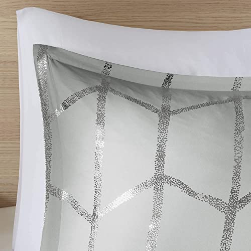 Intelligent Design Raina Comforter Microfiber Metallic Print Geometric Design Embroidered Toss Pillow Modern Trendy Casual All Season Bedding Set Matching Sham, King/Cal King, Grey/Silver 5 Piece