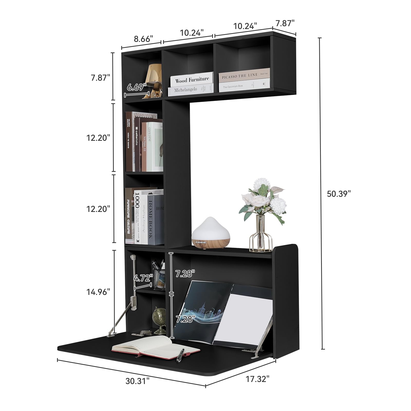 YUSING Floating Desk, Wall Mounted Table, Multifunctional Fold Down Wall Mounted Laptop Computer Workstation with Storage Shelves(Large)