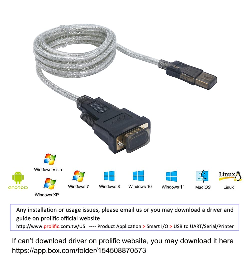 DTech Serial Cable to USB Adapter DB9 Male RS232 Port Supports Windows 11 10 8 7 Mac (6 Feet, PL2303)