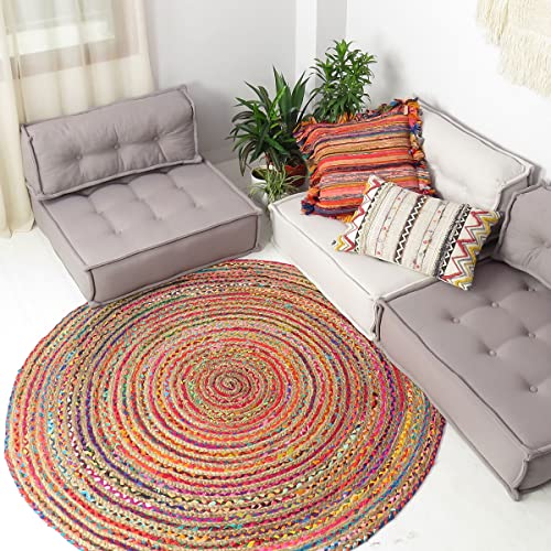 Eyes of India - 6 ft Round Colorful Natural Jute Chindi Sisal Woven Area Braided Rug Boho Chic Bohemian Accent Indian Handmade Handwoven
