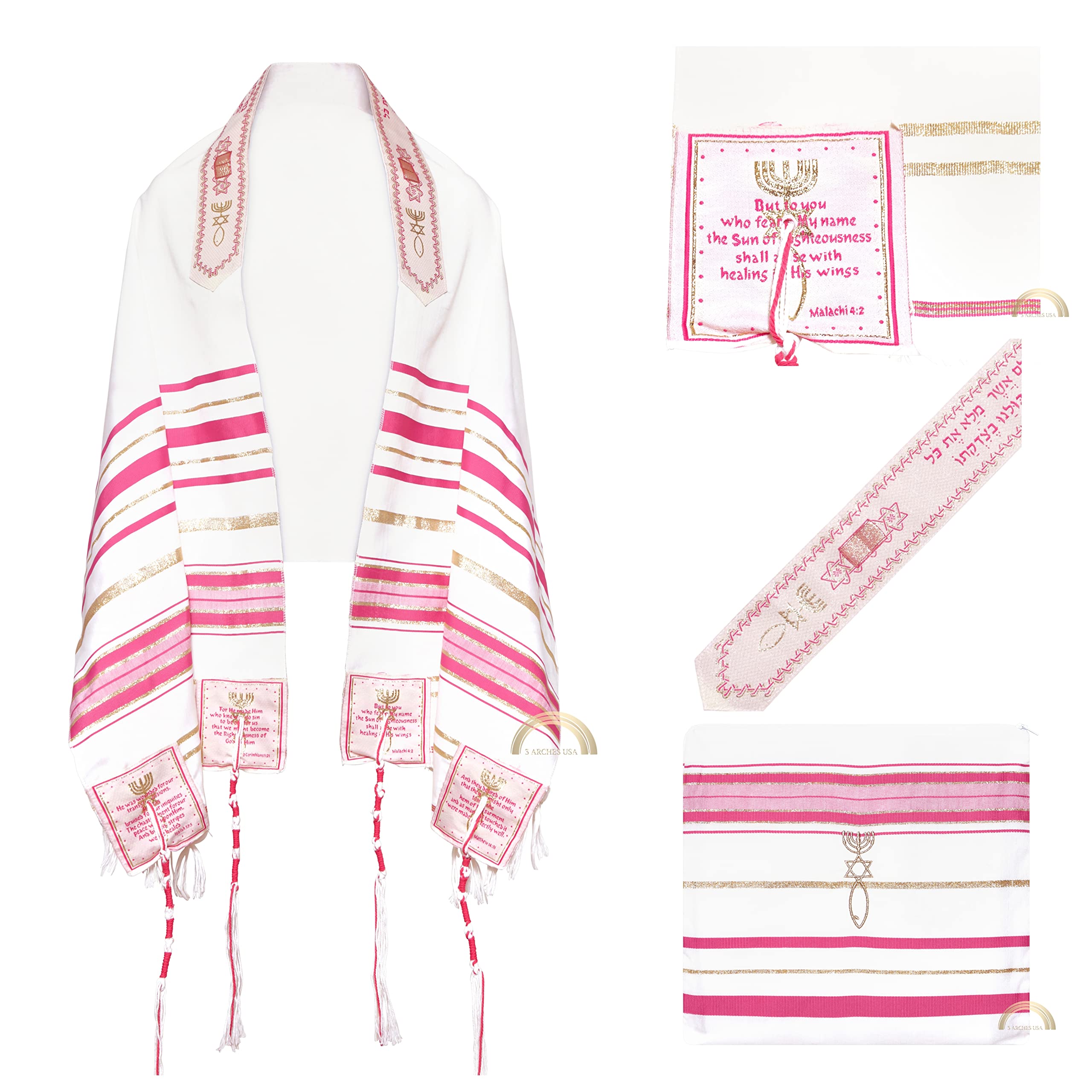 3 ARCHES USA, New Covenant Prayer Shawl Christian, Pink Messianic Tallit 72βX22β With Bag, Israel Design.