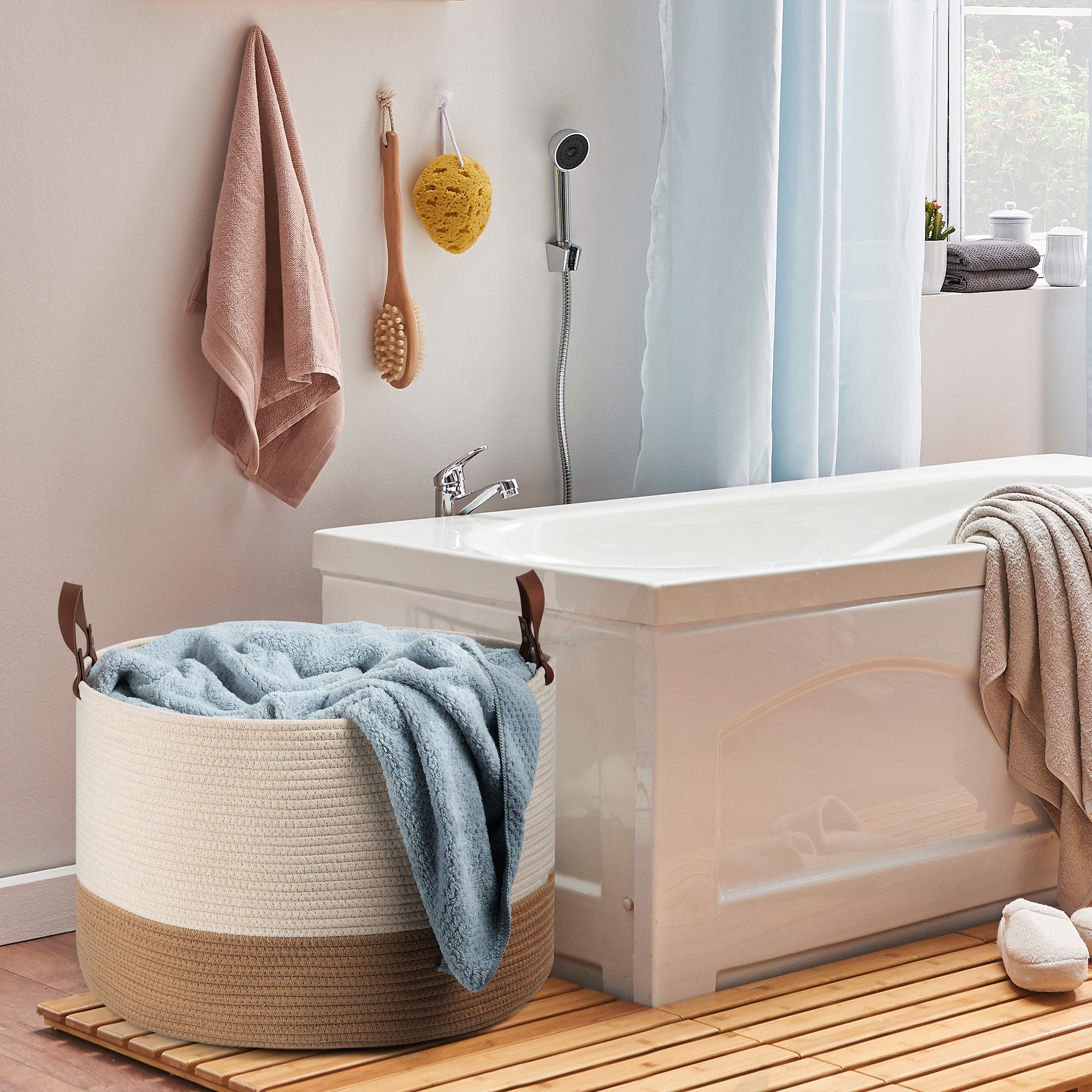 Extra Large Cotton Rope Basket KRUIO Collapsible Woven Laundry Basket with Handles for Laundry, Nursery, Toys, Towels, Blankets and Pillows Even More, Rope Storage Basket(20”x13”, Beige/Hemp Yellow)