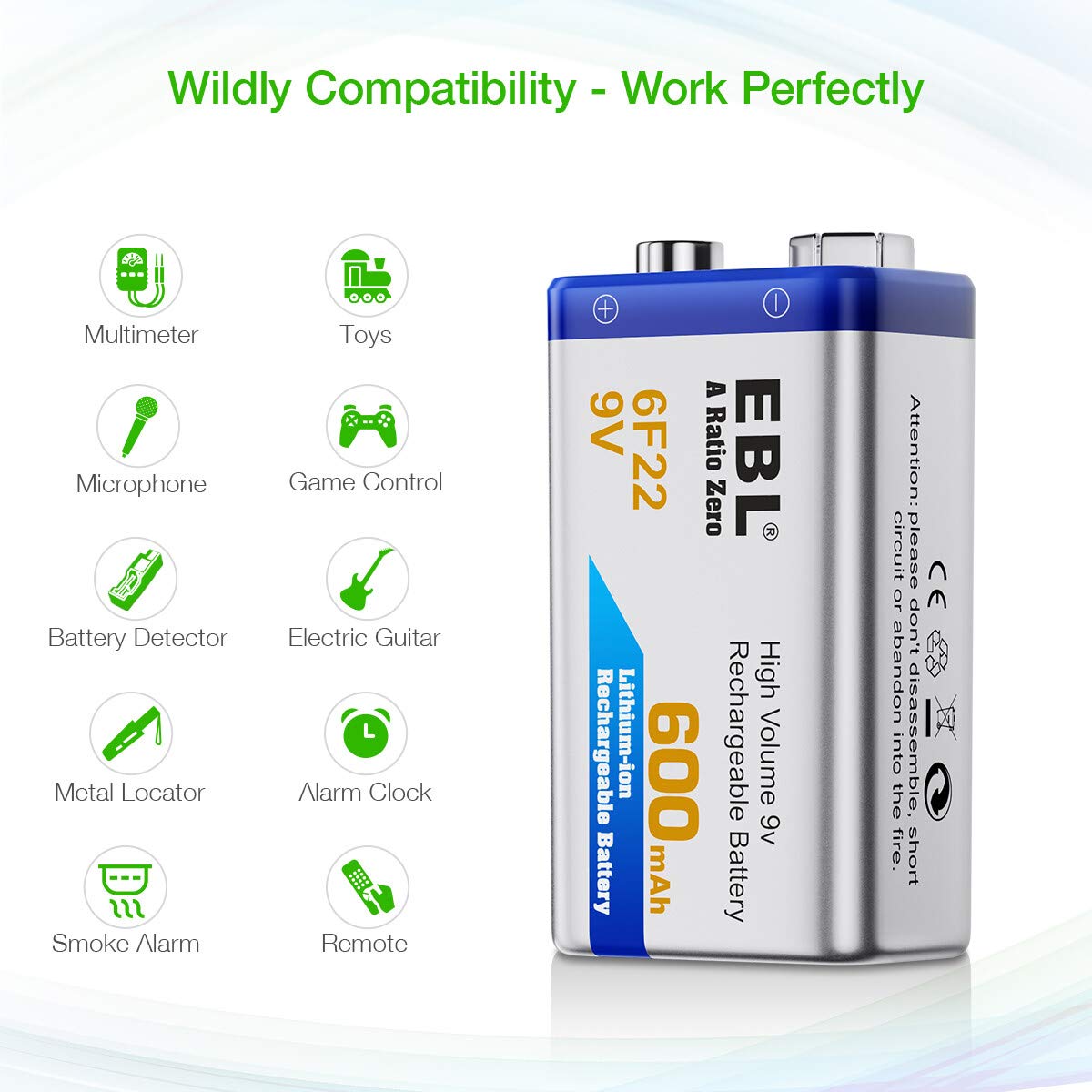 EBL 9V Batteries, Rechargeable 9V Battery 600mAh Lithium 6F22 Batteries for Smoke Detector, Long Lasting (4 Pack)