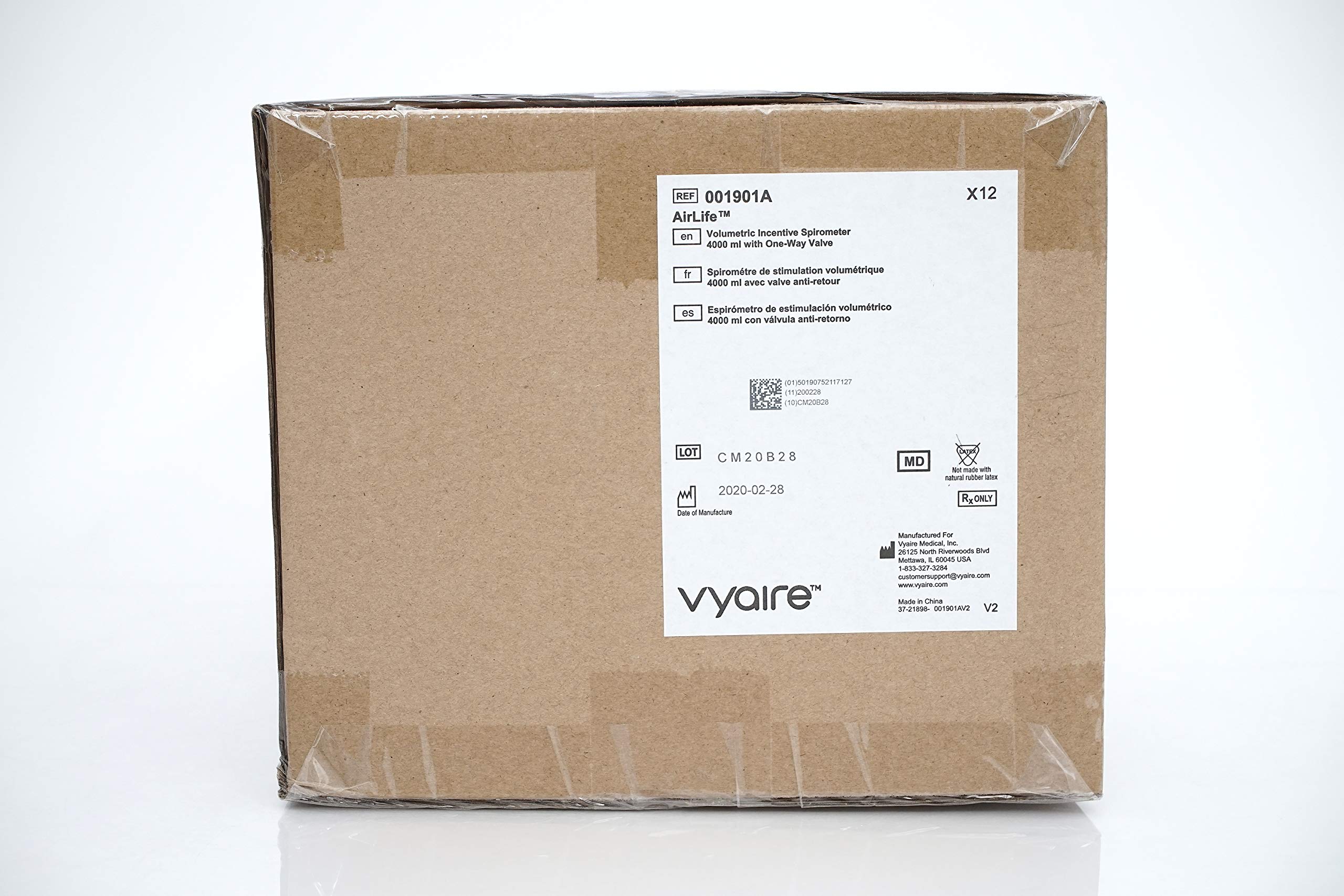 Vyaire Medical 1901A AirLife Volumetric Incentive Spirometers, One Way Valve, 4000 mL, Pack of 12