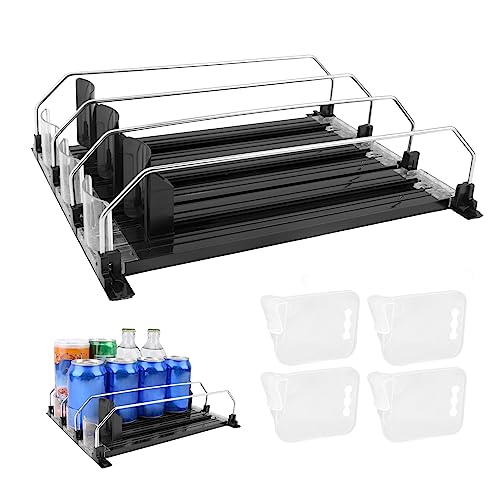 3 Set Drink Organizer for Fridge, Self-Pushing Beer Can Dispenser Holds Up to 12 Cans/Set, Width Ajustable Beverage Dispenser for Fridge Glide(Black)