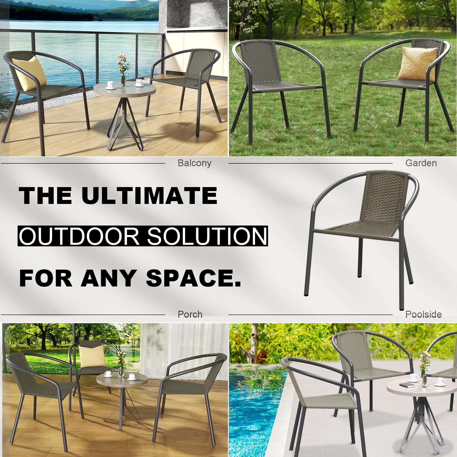 GREZJXC Modern Teslin Outdoor,Indoor Bedroom Restaurant Dining Chairs, Stackable Rattan Chairs for Patio or Drawing Room, Set of 4,Grey