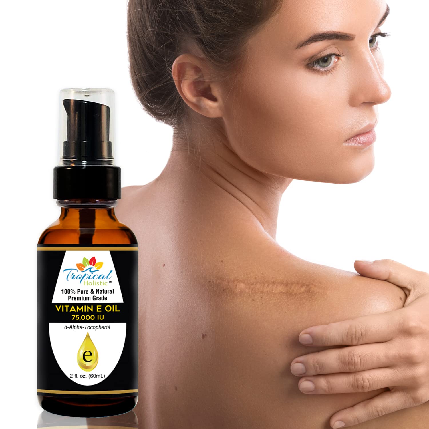 Tropical Holistic Vitamin E Oil, 100% Pure Max Strength 75,000 IU Vitamin E, Antioxidant Rich Skincare Oil for Face, Hair, Body & Nails, 2 oz