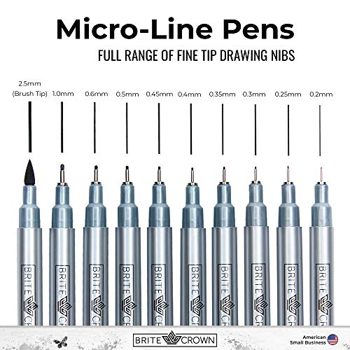 Brite Crown Drawing And Sketching Pens Set - 10 Black Fineliner Pens 0.2mm To 1.0mm Width Tips & 2.5mm Micro Calligraphy Brush-tip Pen, Ideal Gift Idea For Artists And Beginners