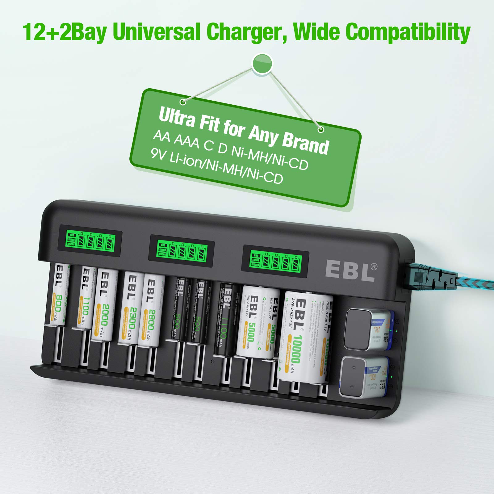 EBL 12+2 Bay LCD Rechargeable Battery Charger for AA AAA C D Ni-MH Ni-CD Rechargeable Batteries & 9V NiMH Ni-CD Li-ion Rechargeable Batteries (AC Power Supply)