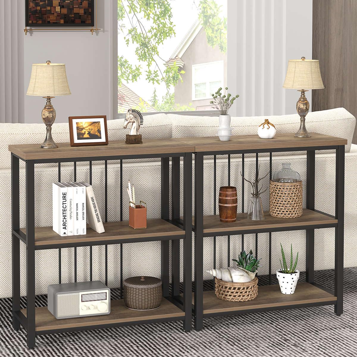 FOLUBAN Small Bookshelf and Bookcase, 3 Tier Open Book Shelf, Modern Metal and Wood Shelving Unit for Living Room Bedroom, Oak