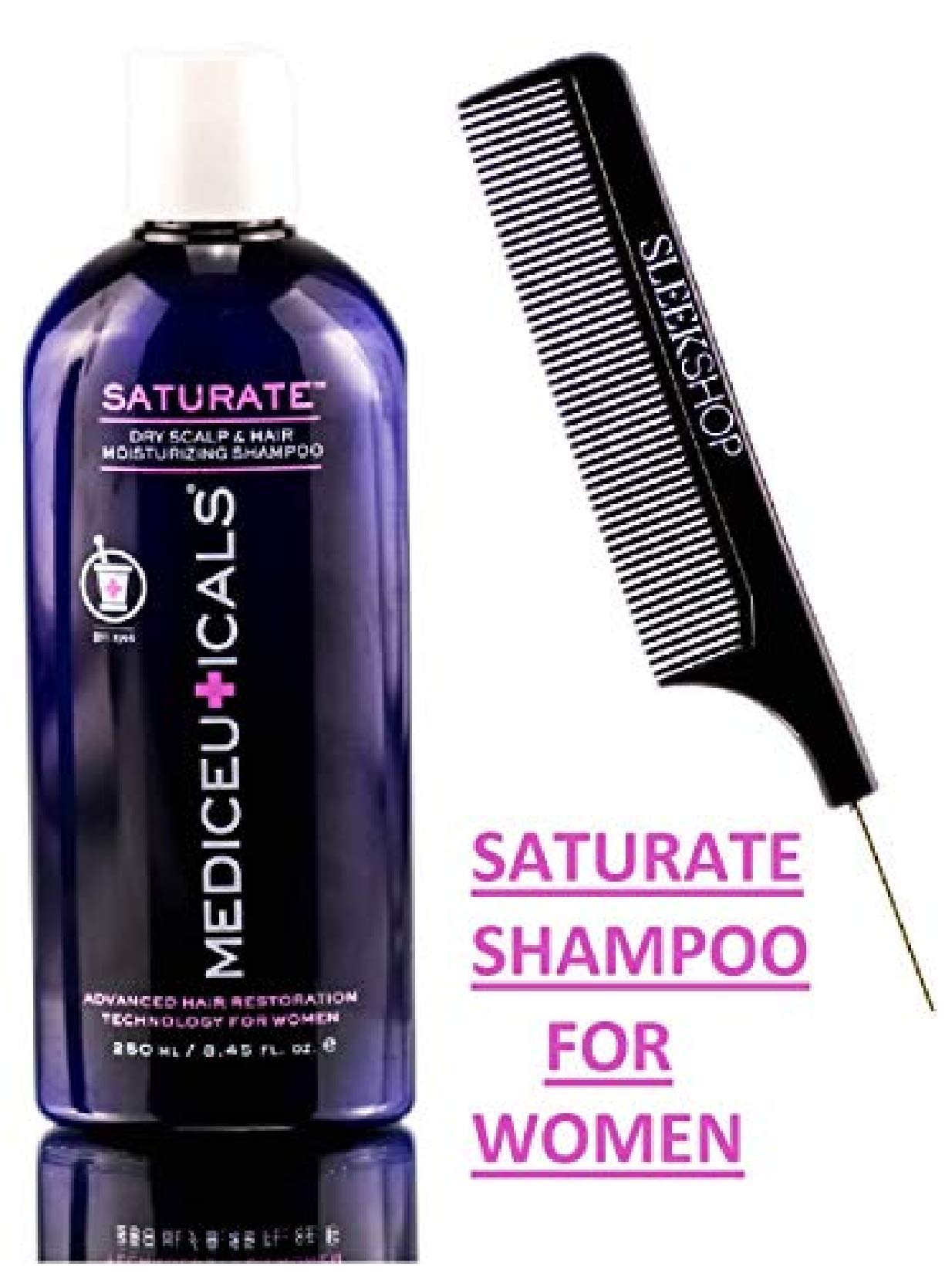 Therapro MEDIceuticals SATURATE Dry Scalp & Hair Moisturizing SHAMPOO for WOMEN (w/Sleek Steel Pin Tail Comb) Features Proprietary Hair Loss Complexes (8.45 oz / 250 ml - ORIGINAL SIZE)