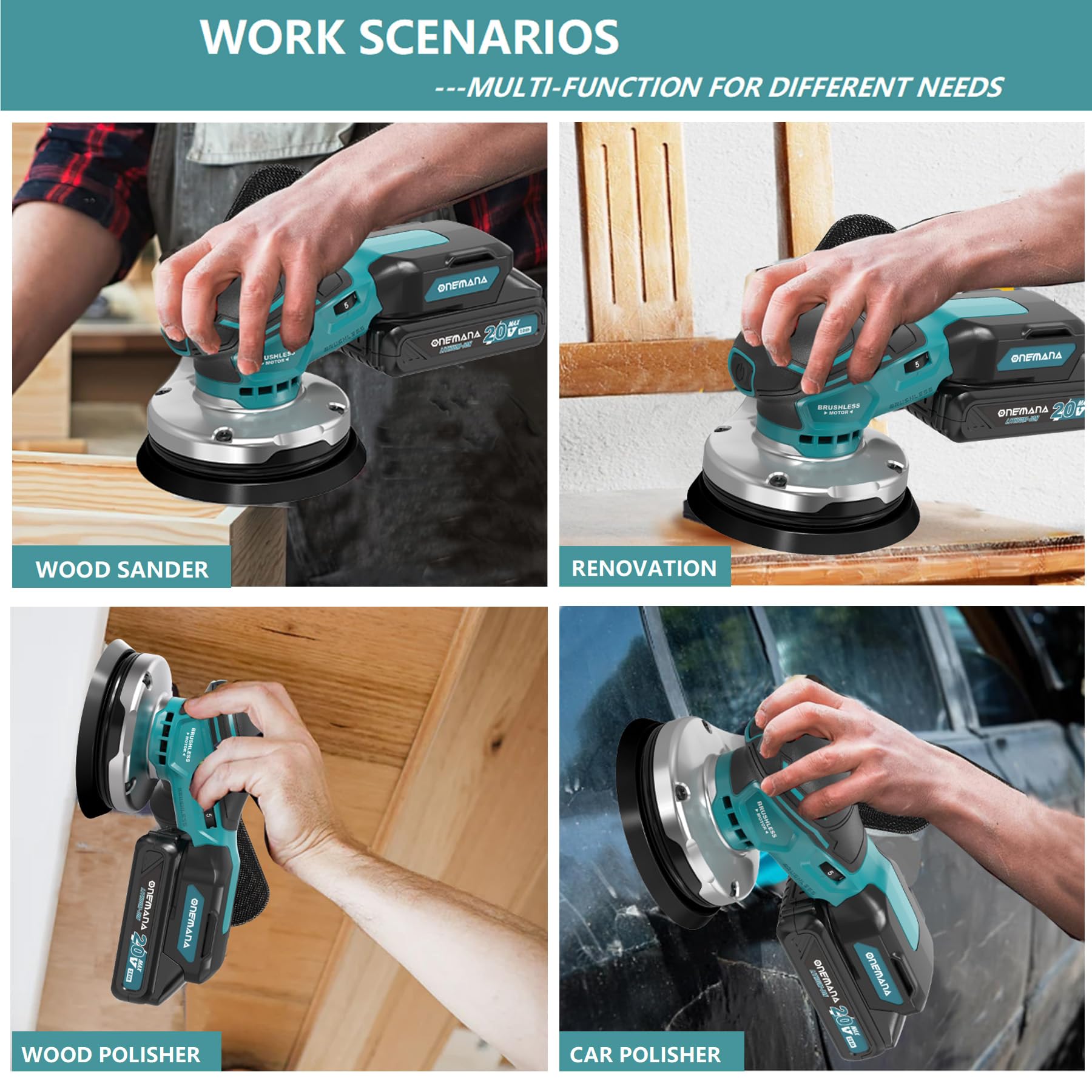 ONEMANA Orbital Sander 5-inch Palm Sander 20V Brushless Cordless Electric sander 7 Variable Speeds Hand Sanders for Wooding and Sanding With 10 Sanding Papers,Dust Collection Bag,Tool Only